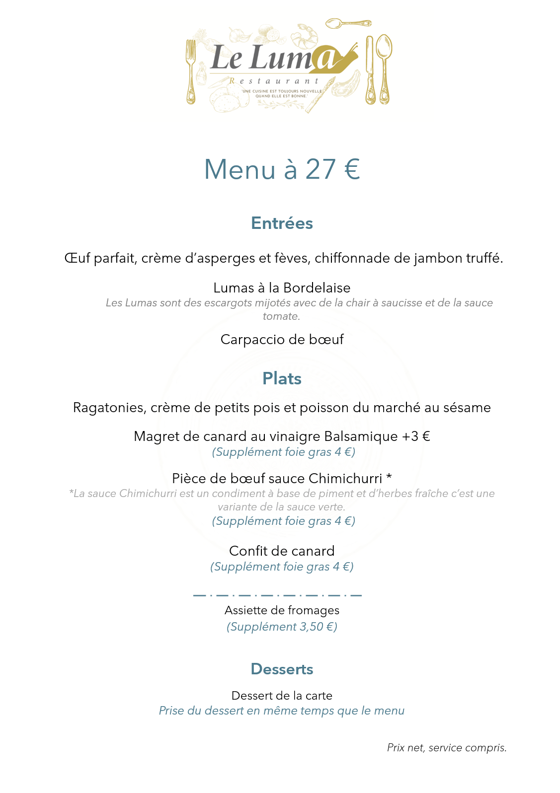 Nos menus - Restaurant le luma