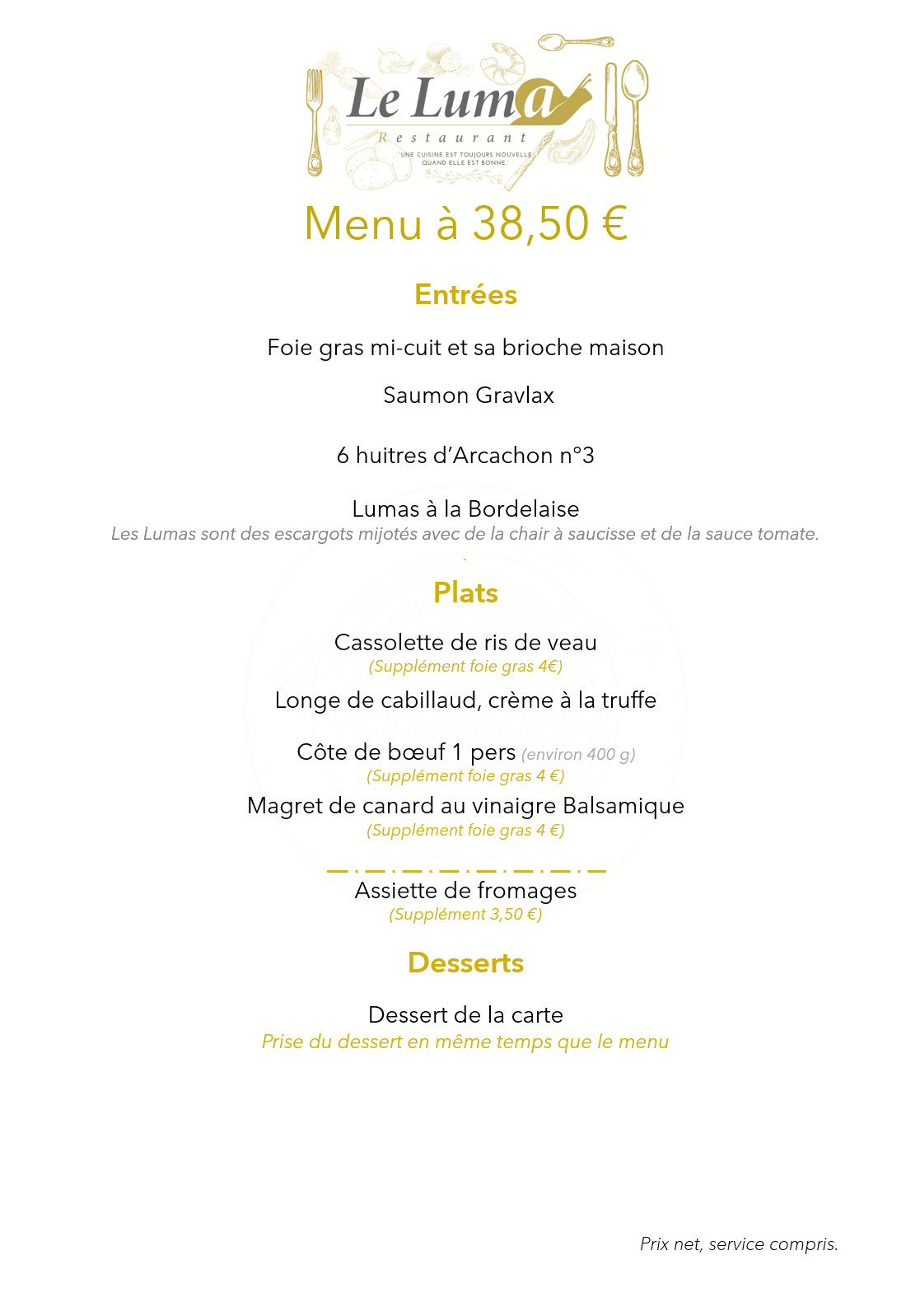 Nos menus - Restaurant le luma